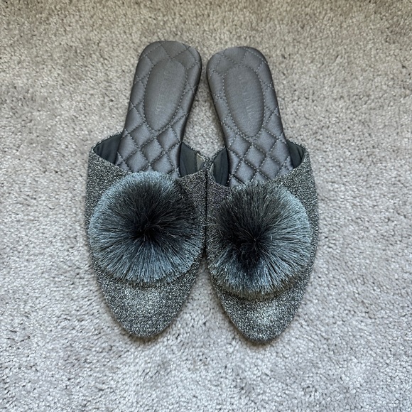 JustFab | Shoes | Justfab Sparkly Silver Mule Slippers With Gray Fringe ...